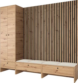 Mirjan24 Garderoben-Set Melire VI, Schuhschrank Kleiderschrank Lamellen Paneel mit 12 Kleiderhaken Gepolstertes Paneel/Wandpaneel Kleiderstange Wandgarderobe F