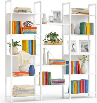 Relaxdays B&uuml;cherregal, 14 Ablagen, Holzoptik & Metall, Standregal Wohnzimmer, HBT: 166 x 158 x 24 cm, Buchregal, wei&szlig;