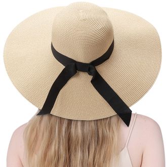 Dreshow Damen Strohhut mit Breiter Krempe Diskette Faltbare Kappe Strand Sonnenhut UPF 50+