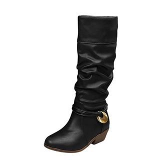 Generic Bottes &agrave; talon &eacute;pais pour femme - Larges et d&eacute;contract&eacute;es - Style d&eacute;contract&eacute; - Couleur unie - Bout rond - Confortable - &Agrave; enfiler - Automne et hiver,