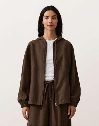 Oysho Kapuzenjacke aus 100% Leinen in Braun gestreift-Brown