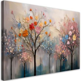 Feeby Leinwand Bilder - Bild Wohnzimmer - Blühende Bäume Gemalte Blumen - 120x80 1tlg - Deko Schlafzimmer Groß - Dekoration Canvas - Gemälde - Modern Wandbi