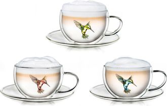 Creano 3er-Set Thermo-Tasses Hummi für Tee/Latte Macchiato, doppelwandig, mit Kolibri-Muster | 250ml in exklusiver Geschenkpackung