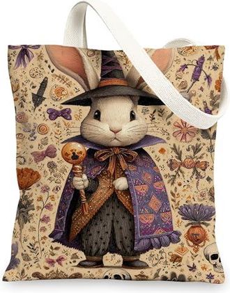 Generic Sacs fourre-tout fantaisistes en toile motif lapin mignon réutilisable sacs dépicerie amusants Halloween légers lavables épaule St, violet, 13x15 Inch