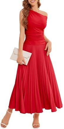 Bbonlinedress Robe de cocktail longue plissée à une épaule formelle pour femme, invitée de mariage, été, quotidien, robe de soirée longue, Rouge, Taille L