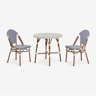 Sklum Brielle Bistro rundes Tischset (80 cm Durchmesser) und zwei stapelbare Aluminium-Gartenst&uuml;hle Ken Blau - Gardenia Wei&szlig; - Sklum