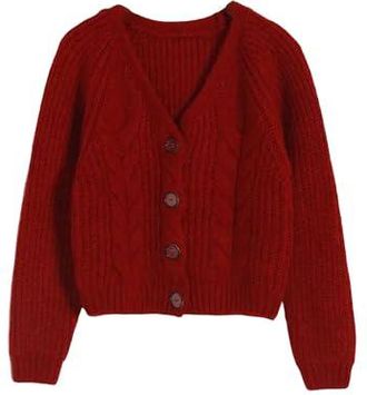 Generic Pull de printemps torsad&eacute; taille haute col en V bouton tendance couleur unie cardigan en tricot ample pour femme, Rouge, XXL