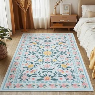 Mosiso Tapis de Salon 121x182 cm, Fleurs Vintage Faible M&egrave;ches, Fausse Laine Lavable, Doux Antid&eacute;rapant Rectangulaire Tapis pour Salon/Chambre/Salle &agrave; Manger