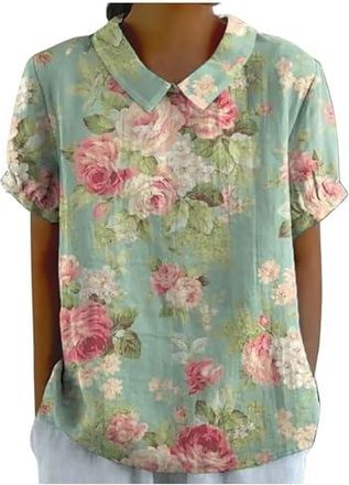 Generic T-shirt d&eacute;t&eacute; pour femme - Col rond &eacute;l&eacute;gant - Col rond - Chemise en lin imprim&eacute;e - Pull ample - T-shirt d&eacute;contract&eacute;, Vert clair., XXL