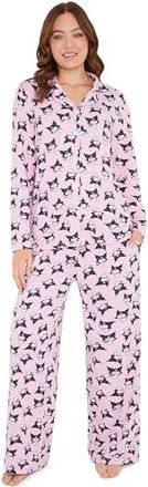Hello Kitty Sanrio Pyjama Femme et Ado 2 Pi&egrave;ces, Kuromi Ensemble Pyjama Boutonn&eacute; avec Pantalon Long, V&ecirc;tement de Nuit Anime (Rose Kuromi, 2XL)