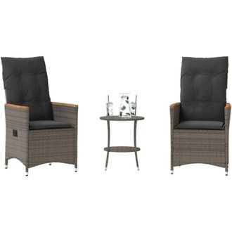 vidaXL 3-tlg. Bistro-Set mit Kissen Grau Poly Rattan - Vidaxl