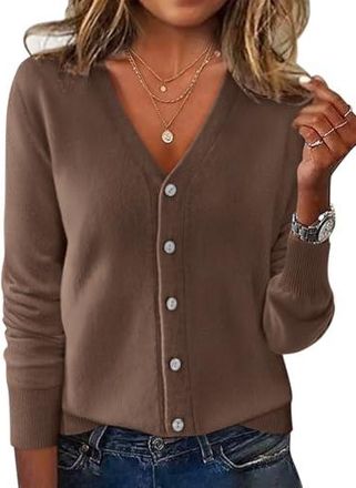 Minetom Cardigan Femme Gilet avec Boutons Et Col en V Léger Et Elégant Manches Longues Veste Tricot A Marron XL