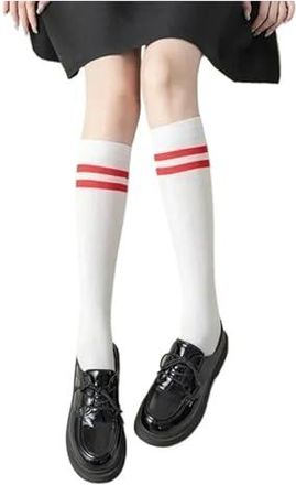 Generic Chaussettes hautes ray&eacute;es en coton noir et blanc pour femme (2 paires), Blanc rouge - 1 paire, Taille Unique
