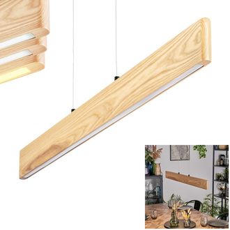 HOFSTEIN LED Pendelleuchte Fugelsta, dimmbare Pendellampe aus Metall/Holz/Kunststoff in Schwarz/Holz hell/Wei&szlig;, H&auml;ngeleuchte Retro mit Holzbalken und Touchdimm