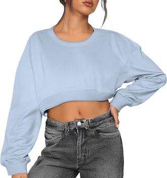 Generic Haut court &agrave; manches longues pour femme - Haut de sport confortable et doux - Grande taille - Pull d&eacute;contract&eacute; confortable &agrave; col rond - Sweat-shirt co