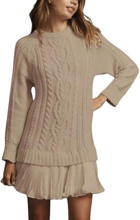 Generic Robe pull d&eacute;contract&eacute;e en tricot torsad&eacute; &agrave; col roul&eacute; pliss&eacute; pour femme, kaki, XXL