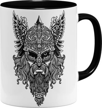 OM3 Viking-Valknut Tasse - Keramik Becher - 11oz 325ml - Odin Wikinger Skull Nordic Warrior - Schwarz