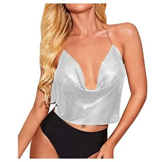 Generic D&eacute;bardeur dos nu pour femme, haut court &agrave; paillettes pour femme, coupe ample, gilet brillant, dos nu, l&eacute;ger, costume de danse du ventre, tenue de fest