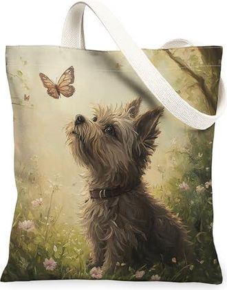Generic Sac fourre-tout en toile motif chien cairn terrier printanier 33 x 38,1 cm, sac d&eacute;picerie r&eacute;utilisable pour femme, animal de compagnie, motif de voyag