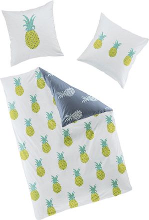 BIERBAUM Satin Wende-Bettwäsche Design 3066 Ananas, Bettdecke 135/200 + Größe Kissen 080/080, reine Baumwolle, TREND Ananas grau-weiß-lemon-bunt