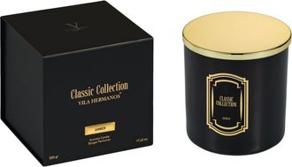 Vila Hermanos Amber Duftkerze 500 g - 3-Docht Kerze mit Holz-, Leder- & Ambernoten - Luxuskerze aus Soja- & Kokoswachs - Rauchglas, Metalldeckel & Geschenkbox mit M