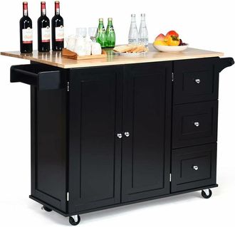 Costway Desserte sur Roulettes Service de Cuisine de Roulant avec Plans de Travail Rabattable en Bois Armoire de Rangement Noir - Costway