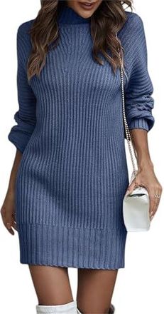 Generic Mini robe pull &agrave; col roul&eacute; et manches longues en tricot c&ocirc;tel&eacute; chaud extensible et manches chauve-souris surdimensionn&eacute;e pour lhiver, bleu, S