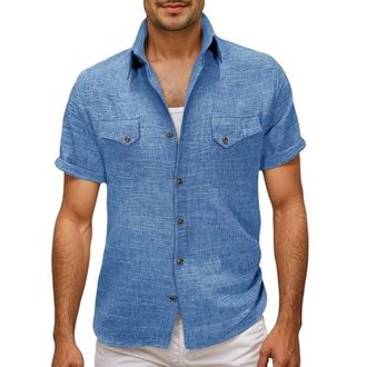 Generico Chemise d&eacute;contract&eacute;e &agrave; manches courtes et boutons en lin pour homme, l&eacute;g&egrave;re, coupe d&eacute;contract&eacute;e, bleu, XXL