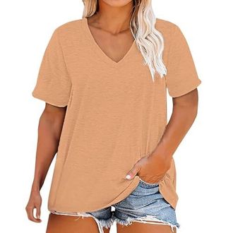 Generic T-shirt &agrave; manches courtes pour femme, grande taille, coupe ample, col en V, haut basique d&eacute;t&eacute;, d&eacute;contract&eacute;, simple, couleur unie, tunique confortable 