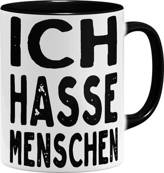 OM3 Ich hasse Menschen Kaffee-Tasse mit Spruch II - Statement Spruchtasse - Keramik Becher - 11oz 325ml - Beidseitig Bedruckt - Schwarz