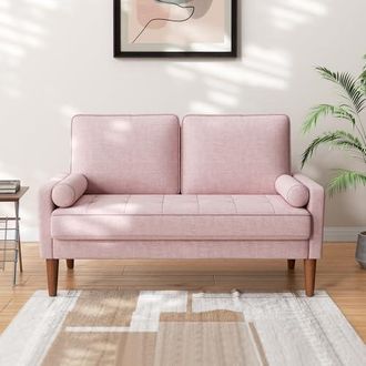 Vesgantti Petit Canapé 2 Places Rose, Canapé en Lin 121cm avec Coussin à Ressorts, Mini Chambre avec Accoudoirs, Chambre de Salon Moderne, Causeuse Fixe 2 Place