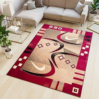 Tapiso Atlas Tapis Poils Ras Moderne Rouge Noir Cr&egrave;me G&eacute;om&eacute;trique Vagues Bordure Tapis Salon Chambre Adulte Salle &agrave; Manger Bureau Oeko-TEX R&eacute;sistant 140 x 20