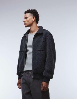 Only & Sons Oversize-Jacke aus anthrazitfarbenem Sherpa-Fleece mit Rei&szlig;verschluss-Schwarz