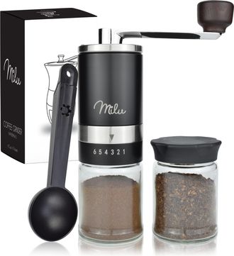 Milu Manuelle Kaffeemühle Handkaffeemühle mit Keramik Mahlwerk I 6 Stufen Mahlgradeinstellung I Espressomühle I - mit Löffel & Bürste (Schwarz)