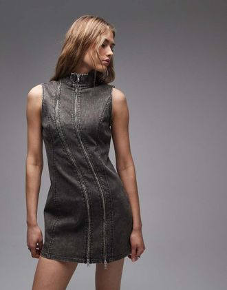 Weekday Hochgeschlossenes Minikleid in verwaschenem Grau mit Rei&szlig;verschluss