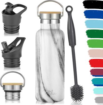 Milu Edelstahl Trinkflasche 500ml, 750ml, 1000ml (+3 Deckel) - Thermosflasche mit Strohhalm, Isolierte Wasserflasche, Auslaufsichere Isolierflasche doppelw