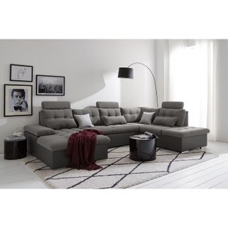 Fredriks home24 Wohnlandschaft Puntiro Grau/Dunkelgrau/Grau Kunstleder Lilo / Strukturstoff Satur 324 x 107 x 218cm Longchair davorstehend links / Ottomane