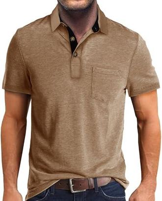 Generic Polo Homme &Eacute;t&eacute; Printemps Couleur Unie Manches Courtes Col Boutonn&eacute; Ray&eacute; Oversize Haut T-shirt, kaki, XXL