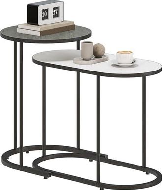 HOMCOM Lot de 2 Tables Basses gigognes, Tables dappoint empilable Style Moderne, Cadre en m&eacute;tal, Bout de canap&eacute; pour Salon, Chambre, Gris et Blanc
