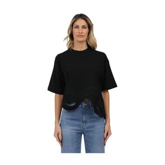 Alpha Studio Wellenbesticktes Halbarm-Rundhals-Top - - Tops - Damen - Schwarzk - M