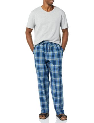 Amazon Essentials Herren Schlafanzug Hose aus Baumwollpopeline T-Shirt aus Baumwolljersey, Grau Meliert/Marineblau Karomuster, 3XL