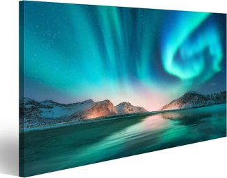 Islandburner Bild Bilder auf Leinwand Aurora Borealis in den Lofoten Inseln, Norwegen. Aurora.Grüne Nordlichter. Sternenhimmel mit Polarli Wandbild, Poster, Leinwa