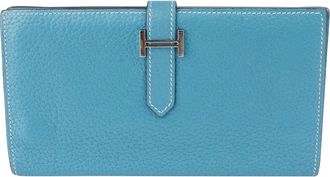 Herm&egrave;s Portemonnaie - Hermes Bleu Leather Bearn Soufflet Bifold Wallet - Gr. unisize - in Blau - f&uuml;r Damen