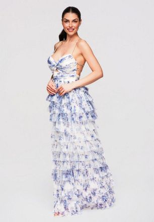 Ombre Abendkleid Maxikleid Abendkleid T&uuml;ll mit Schn&uuml;rung Blau L (kein Set, 1-tlg) Offener R&uuml;cken mit gekreuzten B&auml;ndern und regulierbarer Schn&uuml;rung