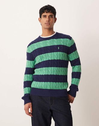 Polo Ralph Lauren Gestreifter Pullover in Marineblau und Gr&uuml;n mit Markenlogo und Zopfmuster