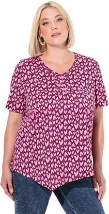 Ulla Popken T-Shirt à Manches mi-Longues pour Femme, Motif coeurs, Ourlet Pointu, Rubis, 54-56
