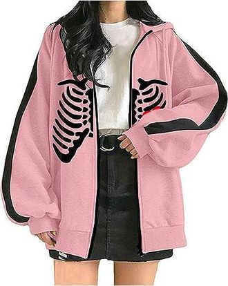 Generic Veste d&eacute;contract&eacute;e &agrave; capuche pour femme 2026 avec fermeture &eacute;clair et poche &agrave; cordon de serrage Motif squelette dHalloween, rose, XXL