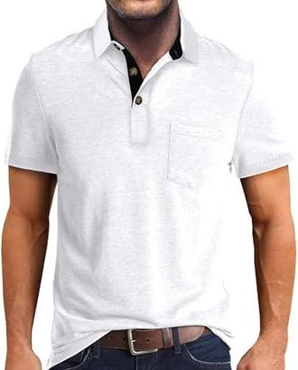 Generic Polo Homme &Eacute;t&eacute; Printemps Couleur Unie Manches Courtes Col Boutonn&eacute; Ray&eacute; Oversize Haut T-shirt, Blanc., XXL