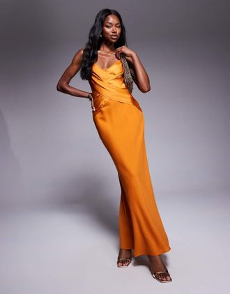 Asos Camisole-Maxikleid in Rostrot aus Chiffon mit Satin-Overlay auf der Brustseite