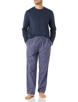 Amazon Essentials Herren-Pyjama-Set, Flanellhose und langärmeliges T-Shirt, Marineblau, Eichhörnchen, Größe S
